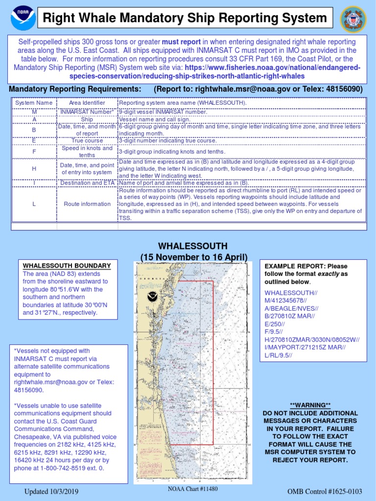 Right Whale Mandatory Ship Reporting System Placard - OPR2 - v2 | PDF ...