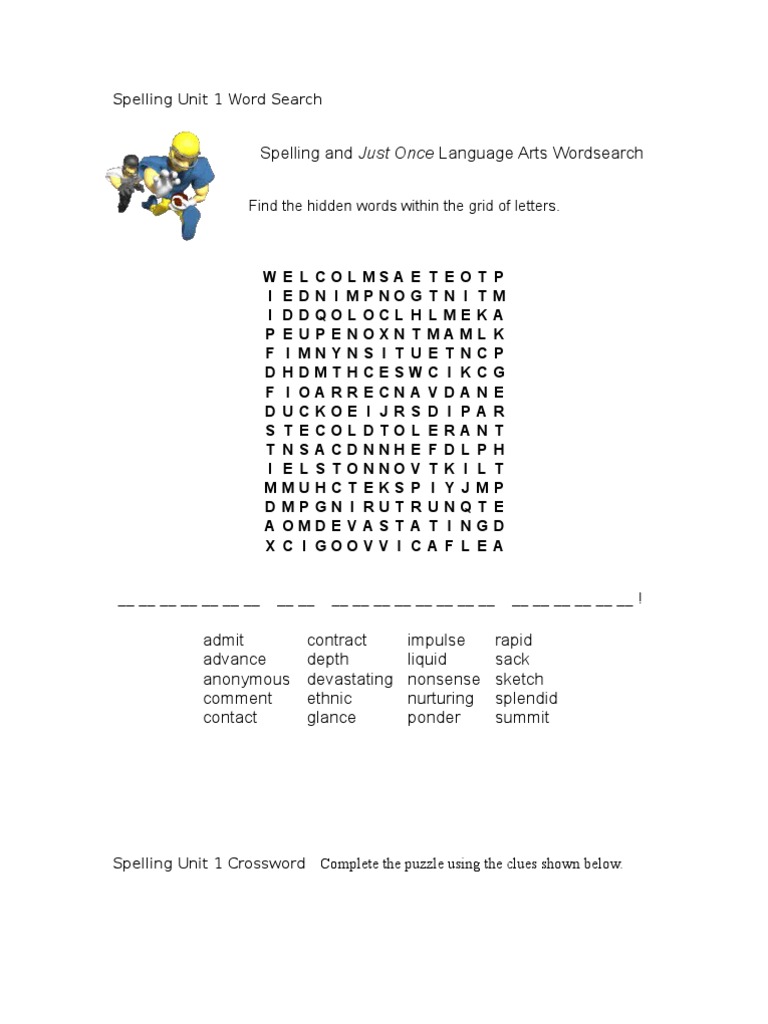 Spelling and Just Once Language Arts Wordsearch: Spelling Unit 1 Word ...