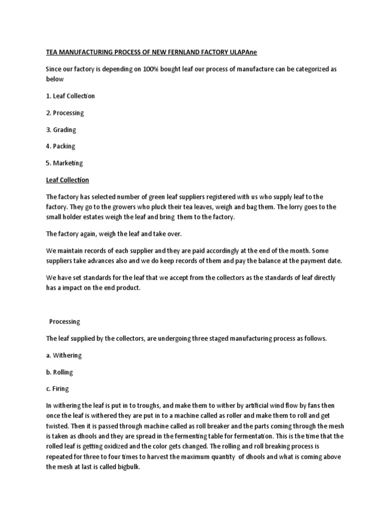 TEA MANUFACTURING PROCESS OF NEW FERNLAND FACTORY ULAPAne | PDF | Tea ...