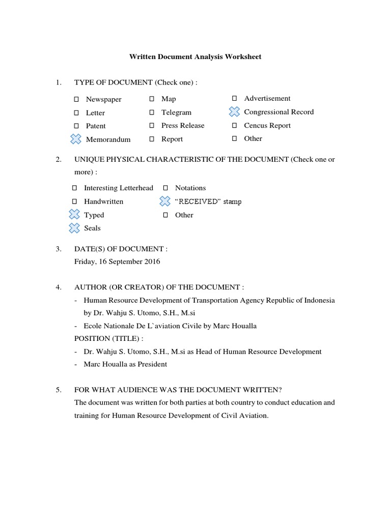 Written Document Analysis Worksheet | PDF | Memorandum Of Understanding ...