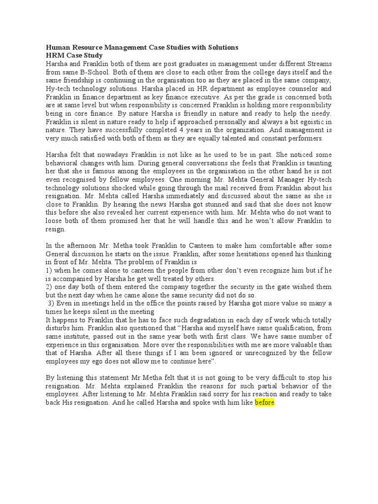 Human Resource Management Case Studies With Solutions HRM Case Study ...