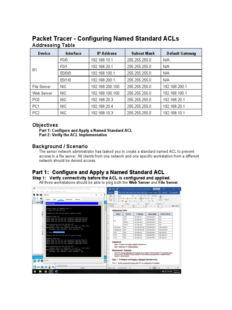 9.2.1.11 Packet Tracer - Configuring Named Standard ACLs | PDF | Network Interface Controller ...