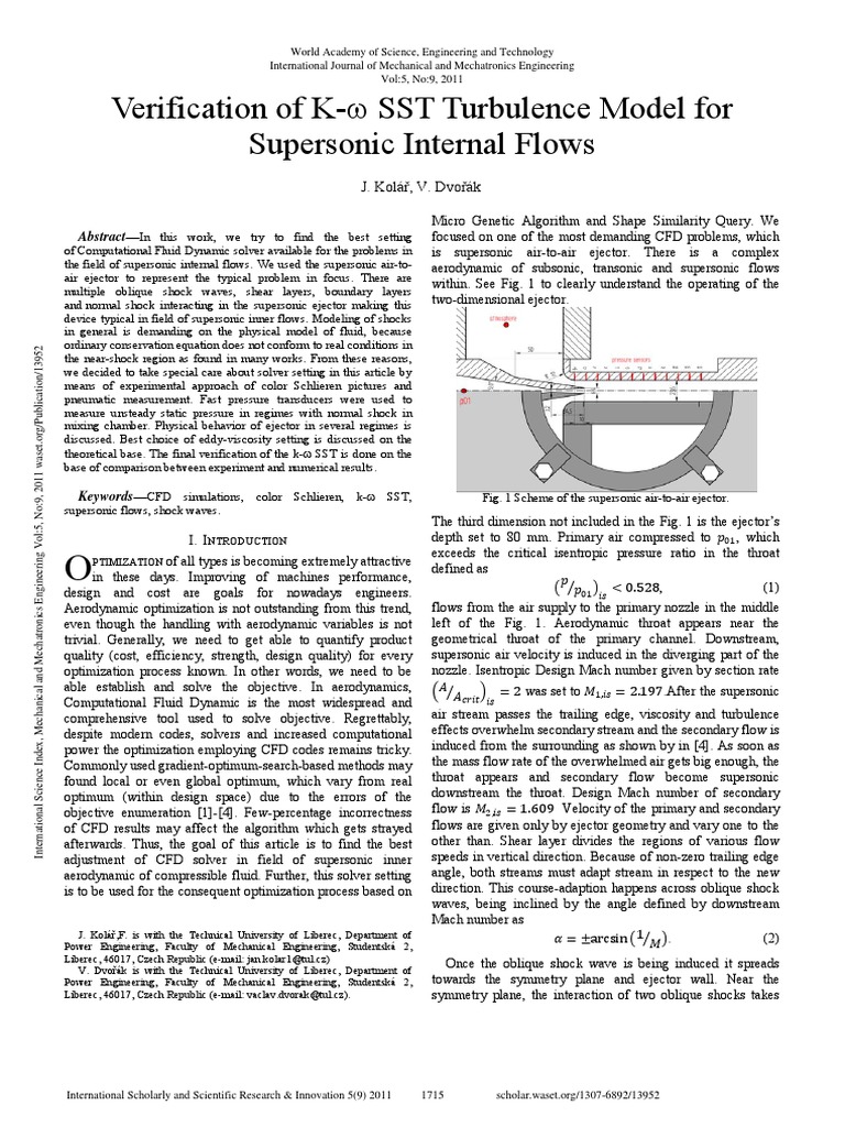 Verification of K-ω SST Turbulence Model for Supersonic Internal Flows ...