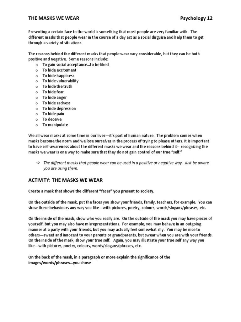 The Masks We Wear Psychology 12: You Are Using Them | PDF | Mask | Reason