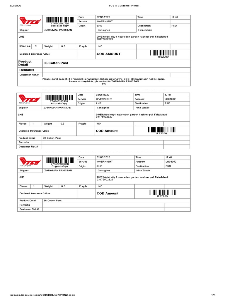 Pieces 1 Cod Amount Product Detail 36 Cotton Pant Remarks | PDF ...