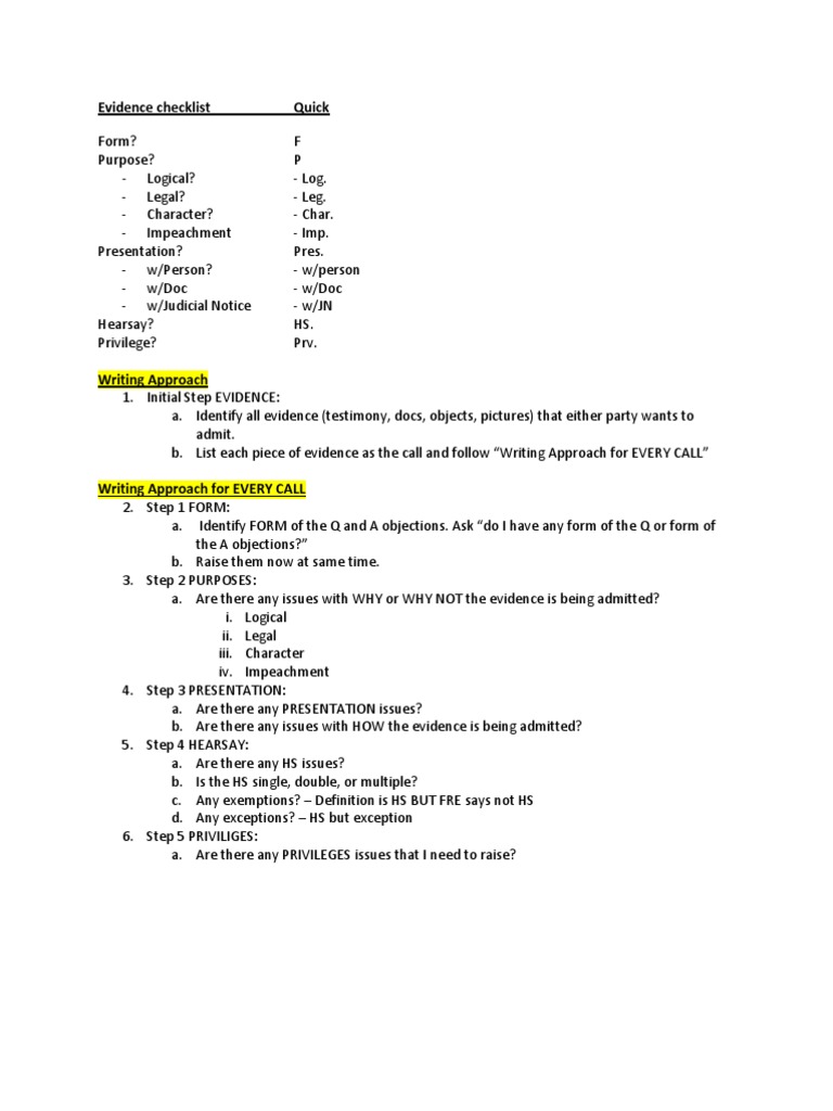 Evidence Checklist Quick | PDF | Witness Impeachment | Judiciaries