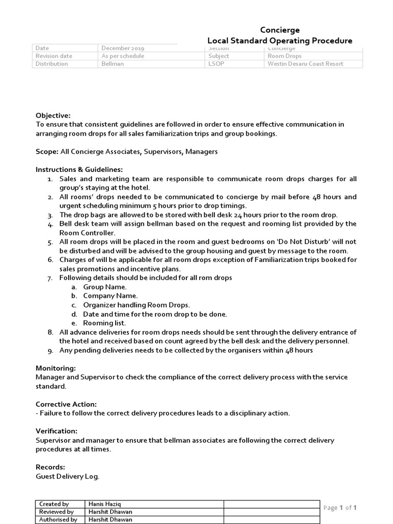 Room Drop Service Guidelines | PDF | Hotel And Accommodation ...