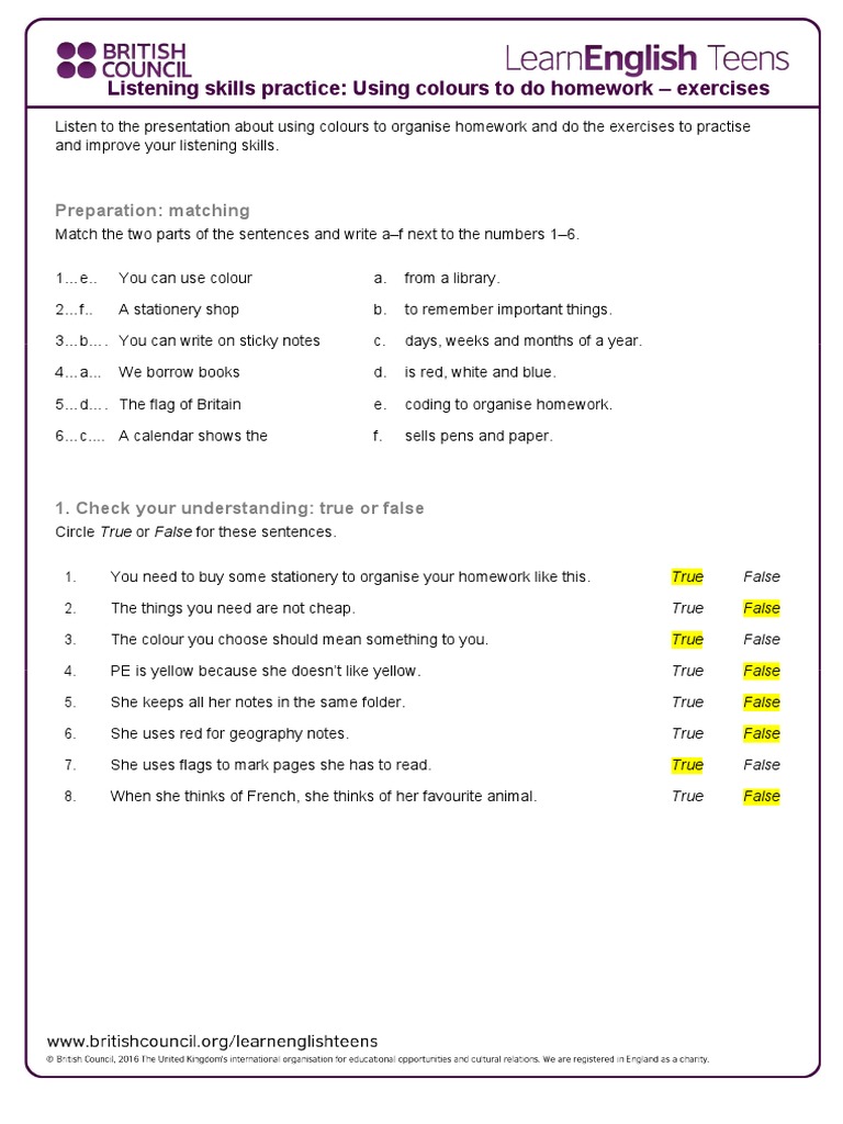 Listening Skills Practice: Using Colours To Do Homework - Exercises ...