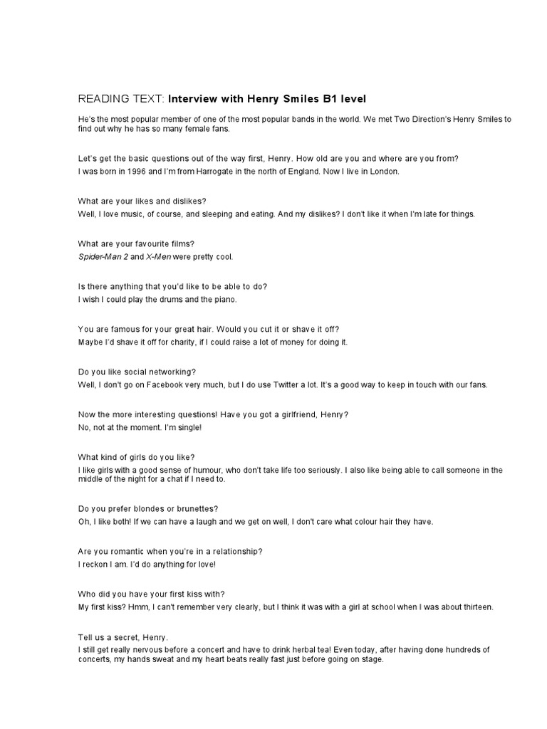 Tekstas - Reading Skills Text Interview With Henry Smiles and Exercises ...