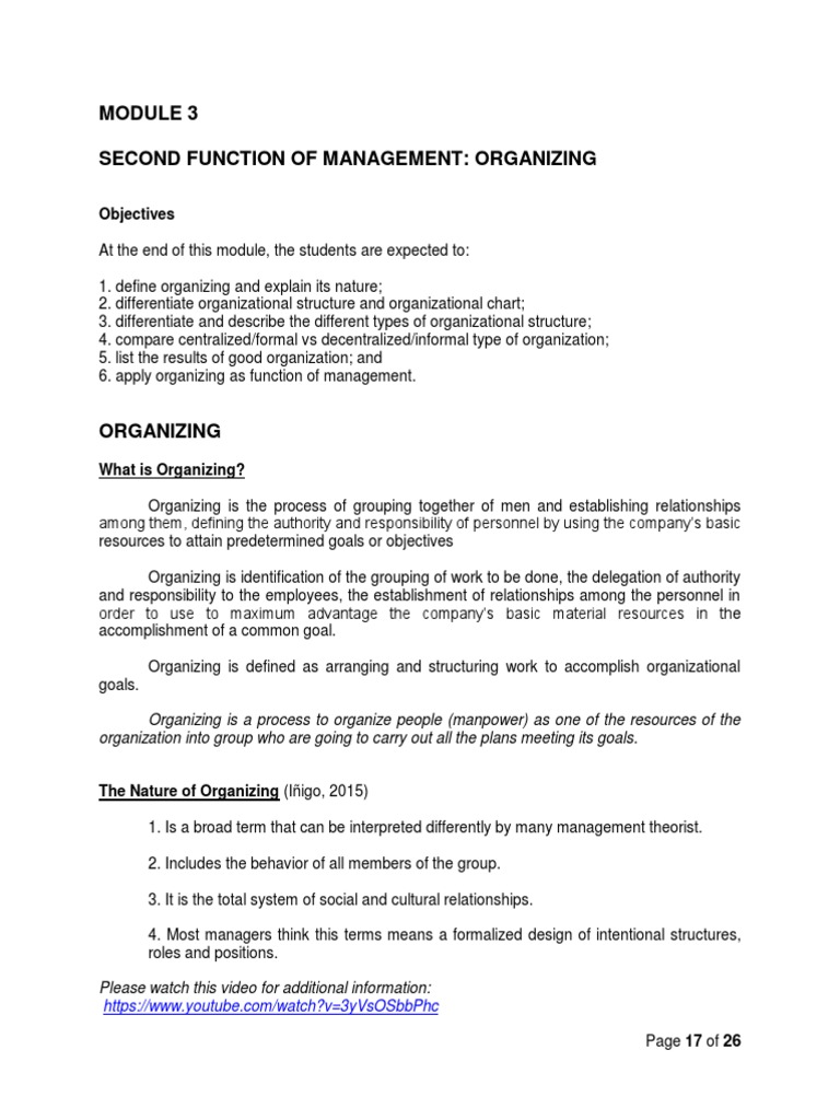 Second Function of Management: Organizing: Objectives | PDF ...