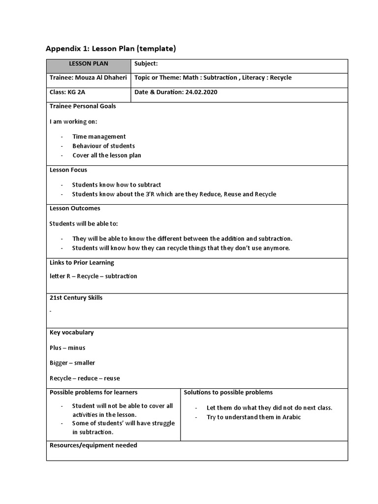 Appendix 1: Lesson Plan (Template) | PDF | Lesson Plan | Education Theory
