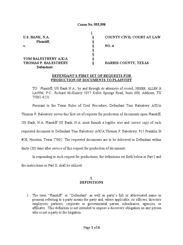 Request for Production to US Bank