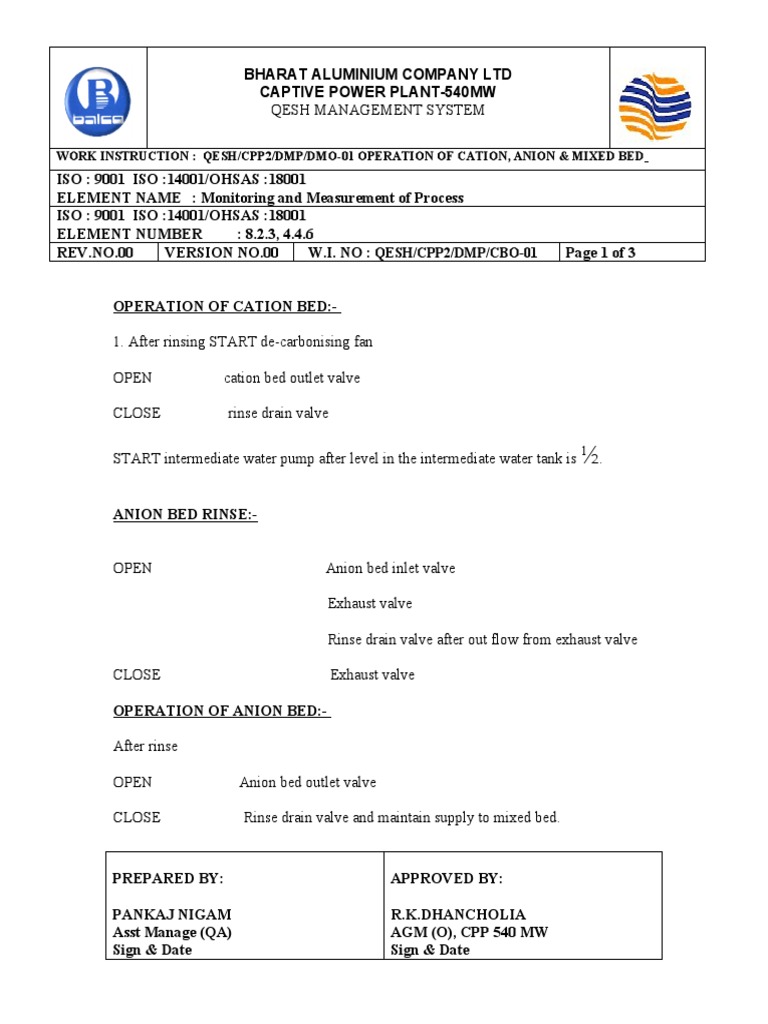 DM Plant Operation Sop | PDF | Valve | Machines