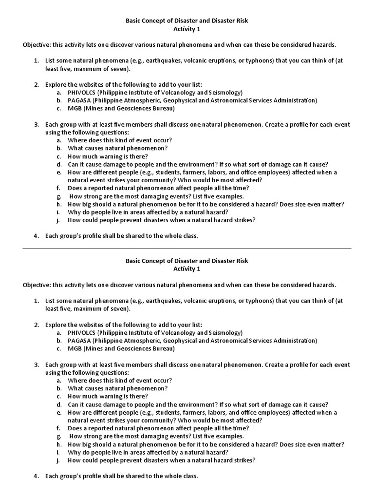 Basic Concept of Disaster and Disaster Risk Activity 1 | PDF | Hazards ...