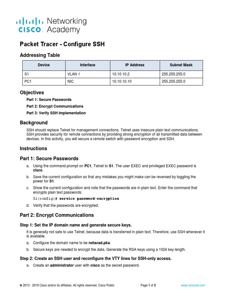 Packet Tracer - Configure SSH: Addressing Table | PDF | Secure Shell | Secure Communication