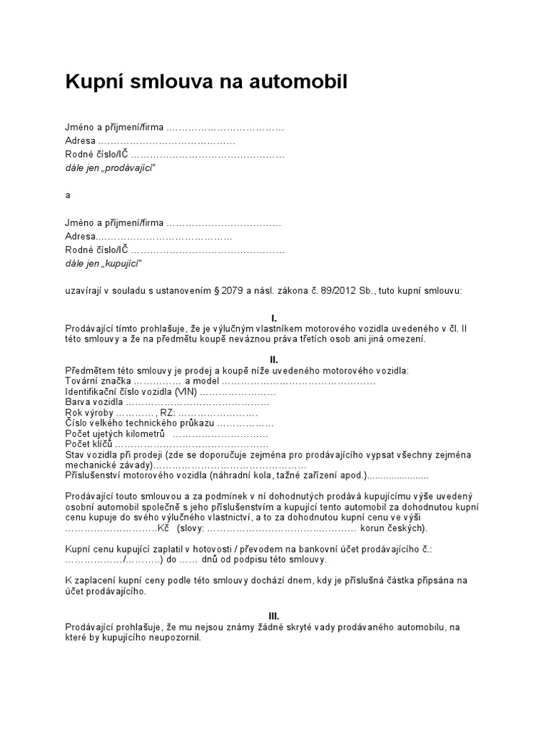 Kupni Smlouva Na Auto Vzor | PDF