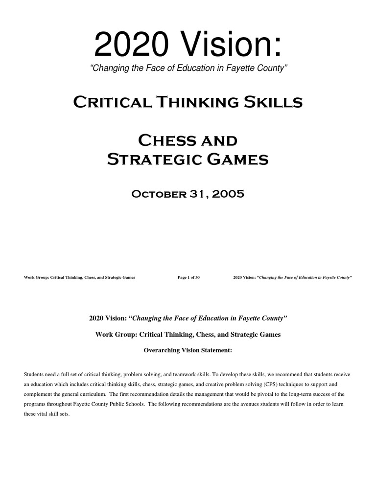 Critical Thinking Skills: Chess and Strategic Games, Changing The Face ...