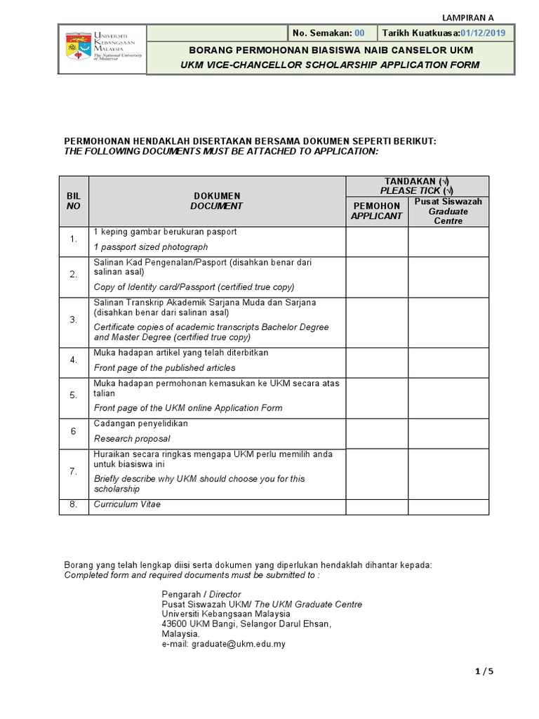 Ukm Vice-Chancellor Scholarship Application Form: The Following ...