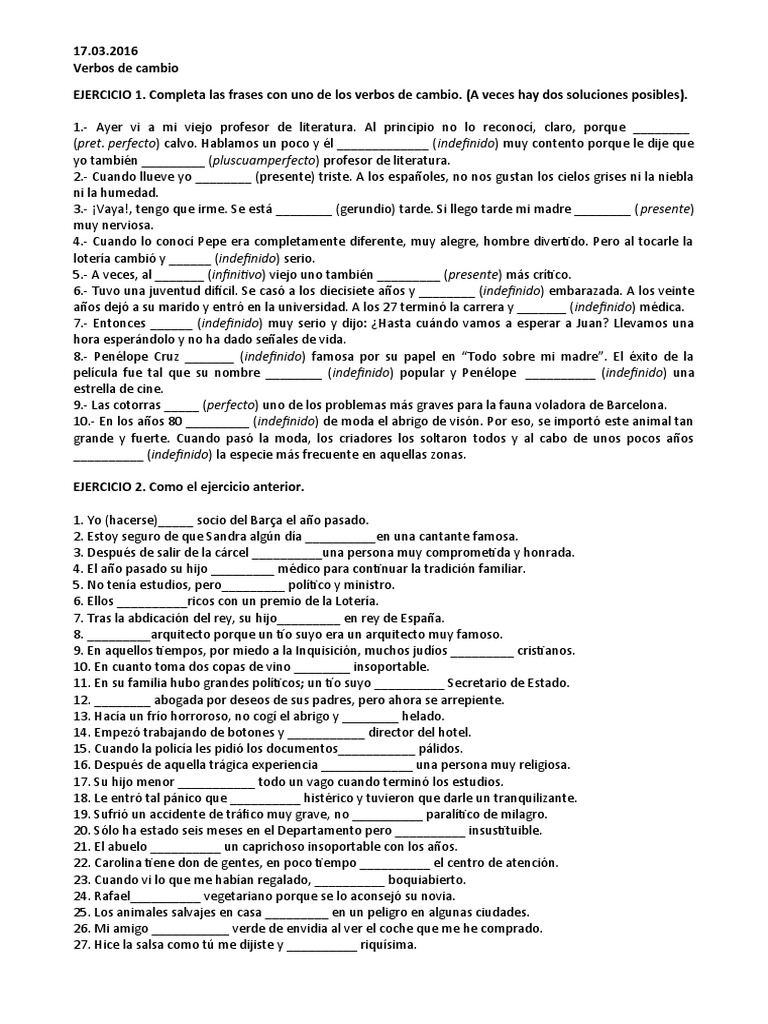 Verbos de cambio: Ejercicios sobre verbos que indican transformación | PDF