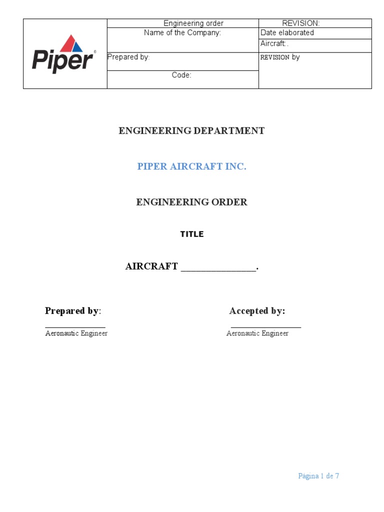 Engineering Department: Piper Aircraft Inc | PDF | Science | Engineering