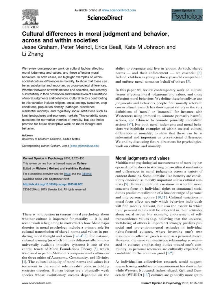 Cultural Differences in Moral Judgment and Behavior, Across and Within ...