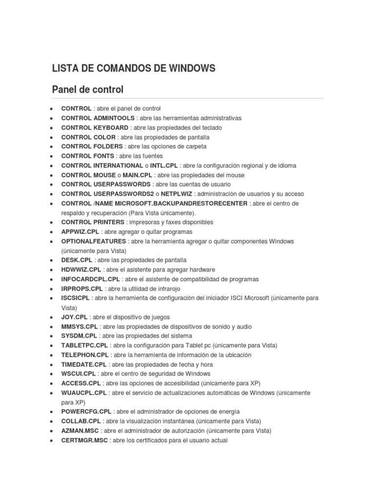 Comandos de Windows PDF | PDF | Windows XP | Microsoft Windows