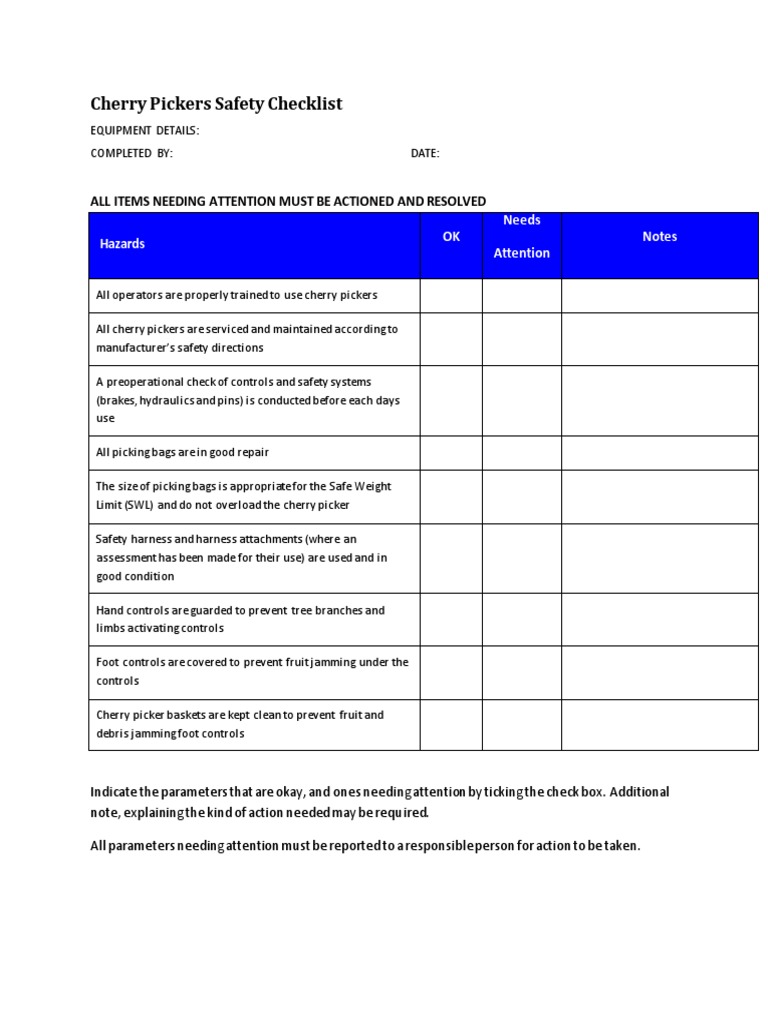 Cherry Pickers Safety Checklist | PDF