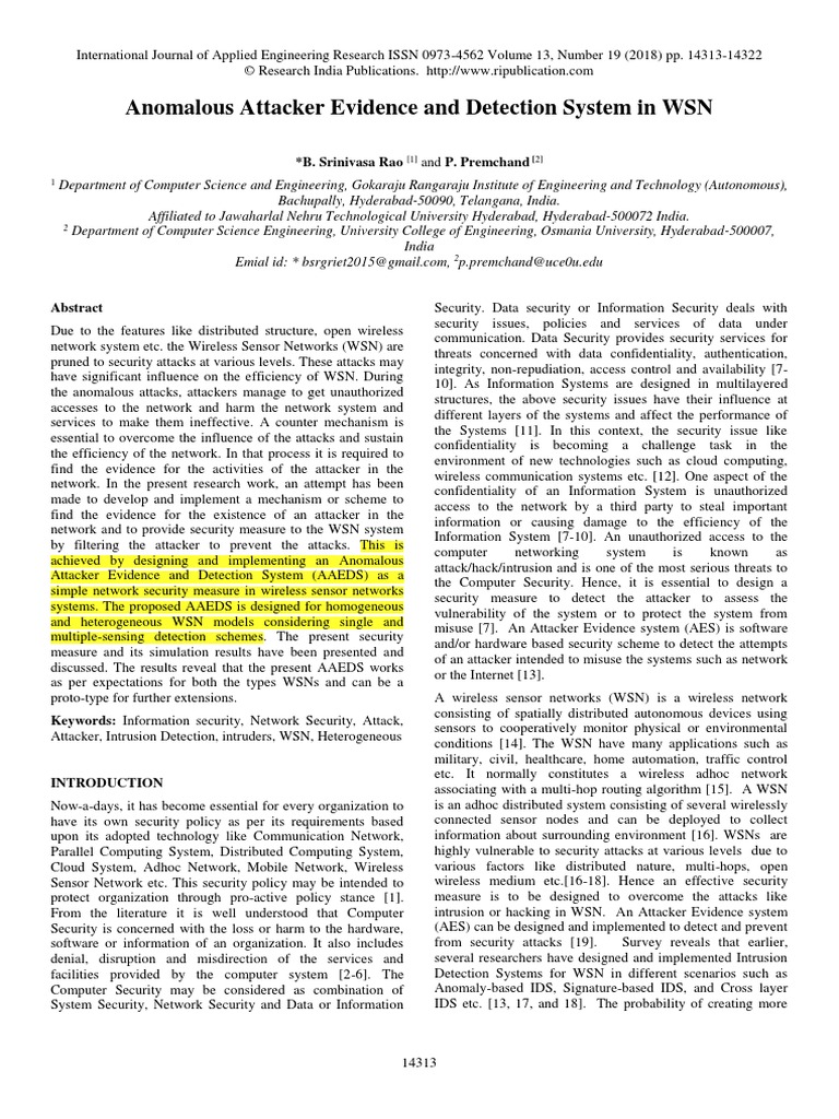 Anomalous Attacker Evidence And Detection System In Wsn Pdf