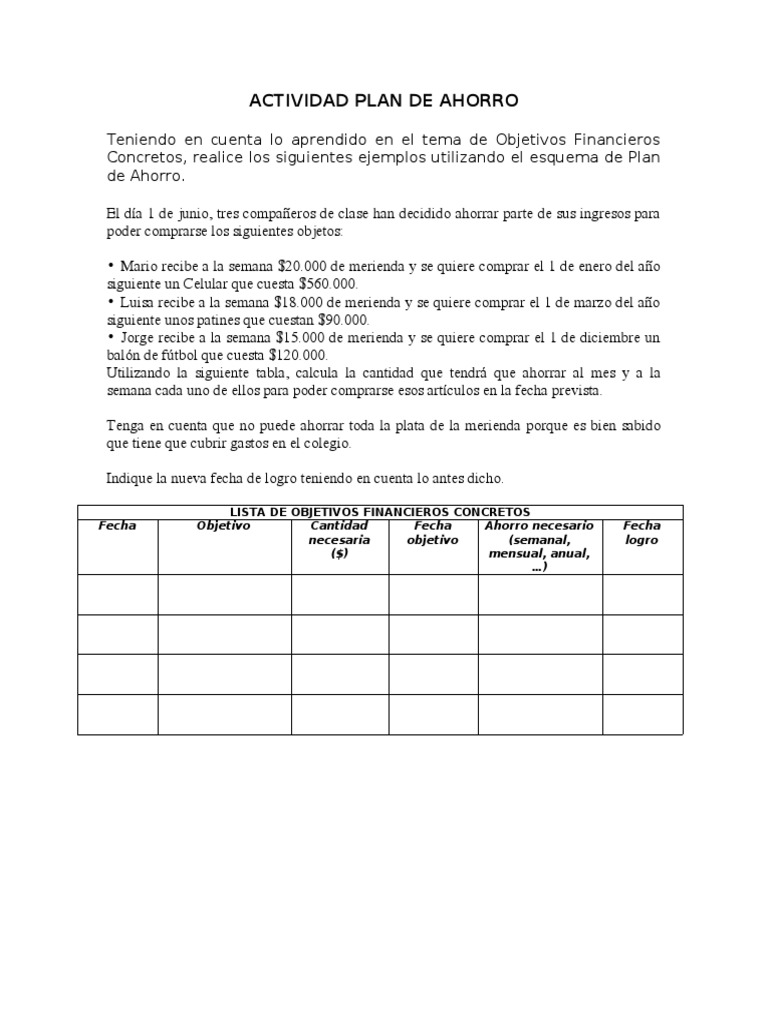 Ejercicio Plan de Ahorro | PDF
