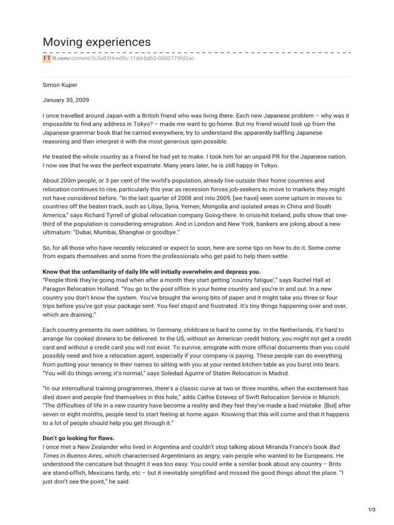 Moving Experiences | PDF