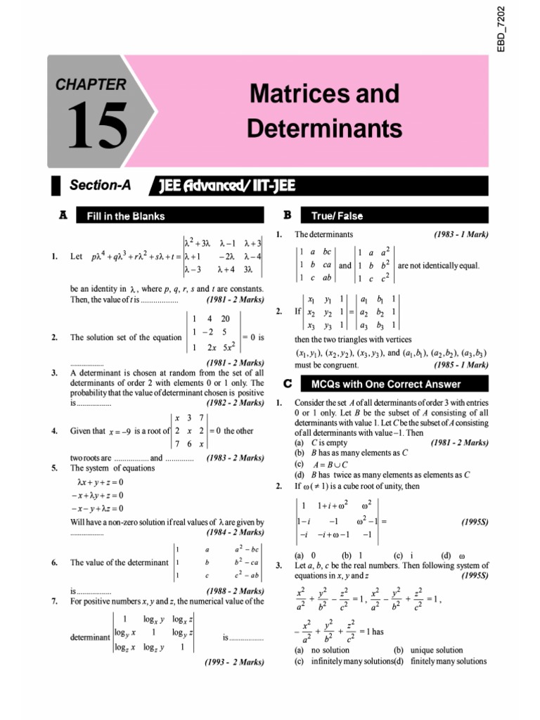 Jee (Main+adv+aieee+iitjee) Previous Year Questions For Matrices and ...
