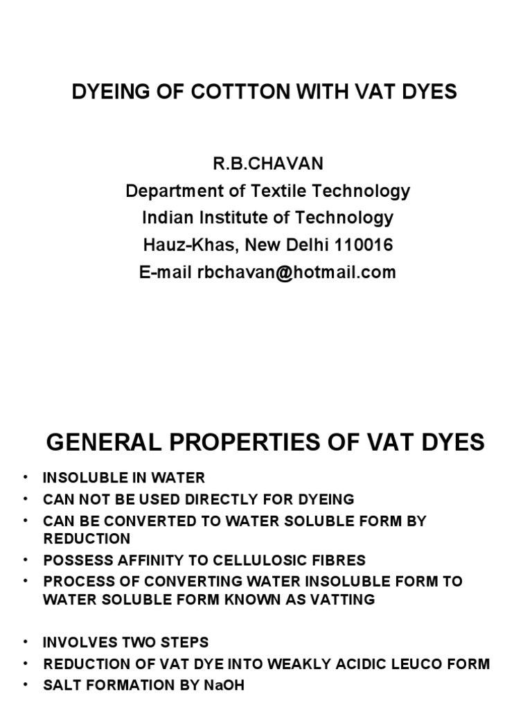 Cotton Dyeing with Vat Dyes Process | PDF | Dye | Dyeing