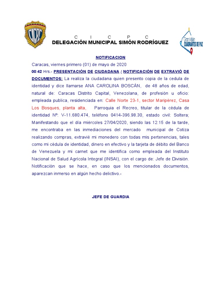 Notificacion de Extravio de Documentos | PDF