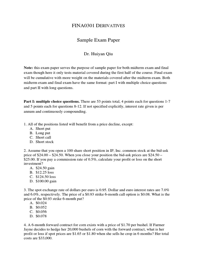 Sample Exam Paper for Derivatives | PDF | Option (Finance) | Interest