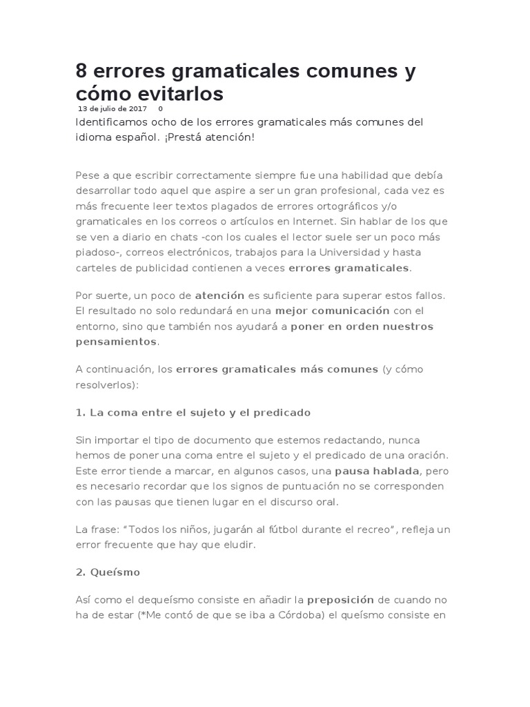 8 errores gramaticales comunes en español | PDF | Verbo | Asunto ...