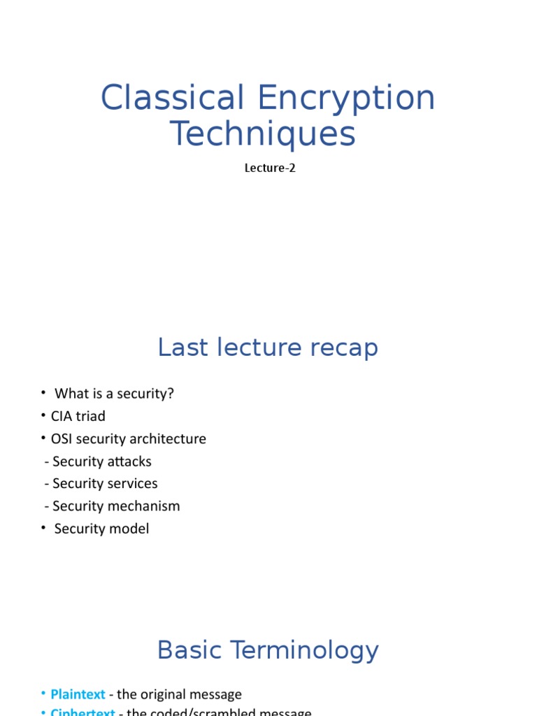 Classical Encryption Techniques: Lecture-2 | PDF | Cryptography | Cryptanalysis