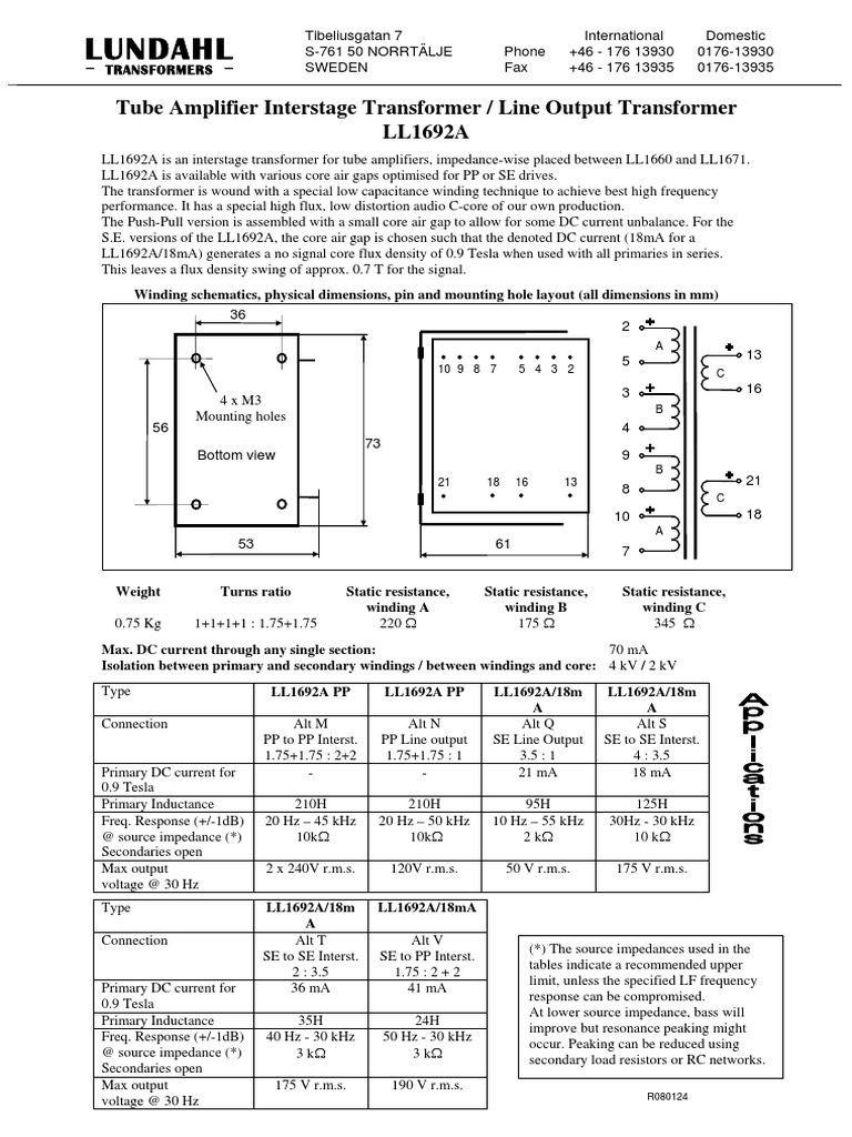 Lundahl: Tube Amplifier Interstage Transformer / Line Output ...