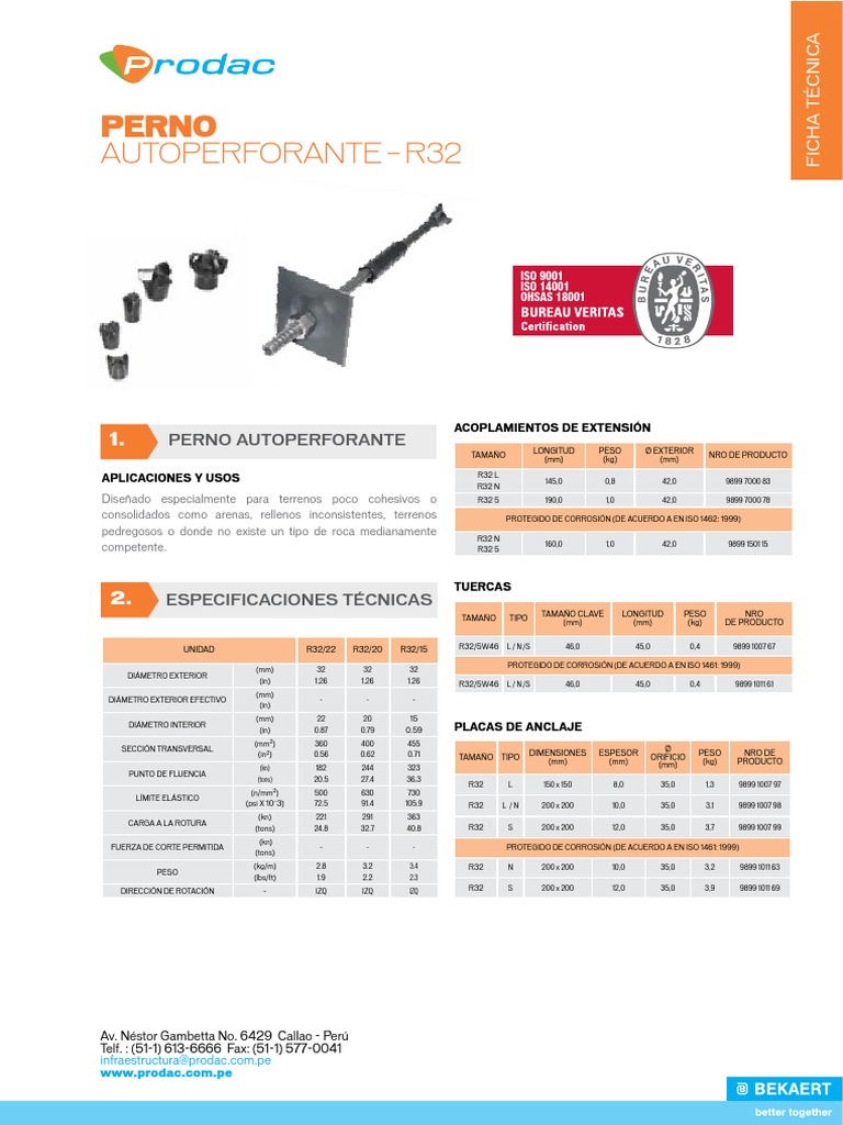 Perno Autoperforante R32: Especificaciones | PDF | La seguridad ...