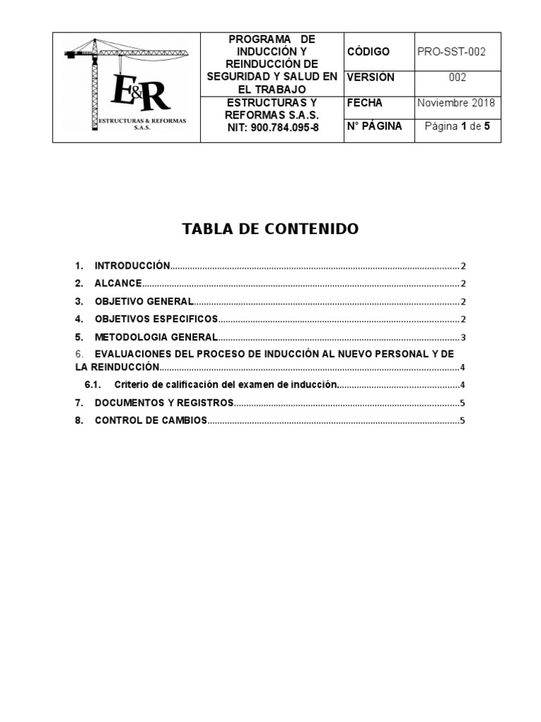 Pro-Sst-002-Programa de Induccion y Reinduccion en SST | PDF | Prueba (evaluación) | Bienestar