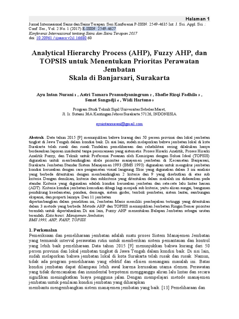 Analytical Hierarchy Process (AHP), Fuzzy AHP, Dan TOPSIS Untuk Menentukan Prioritas Perawatan ...