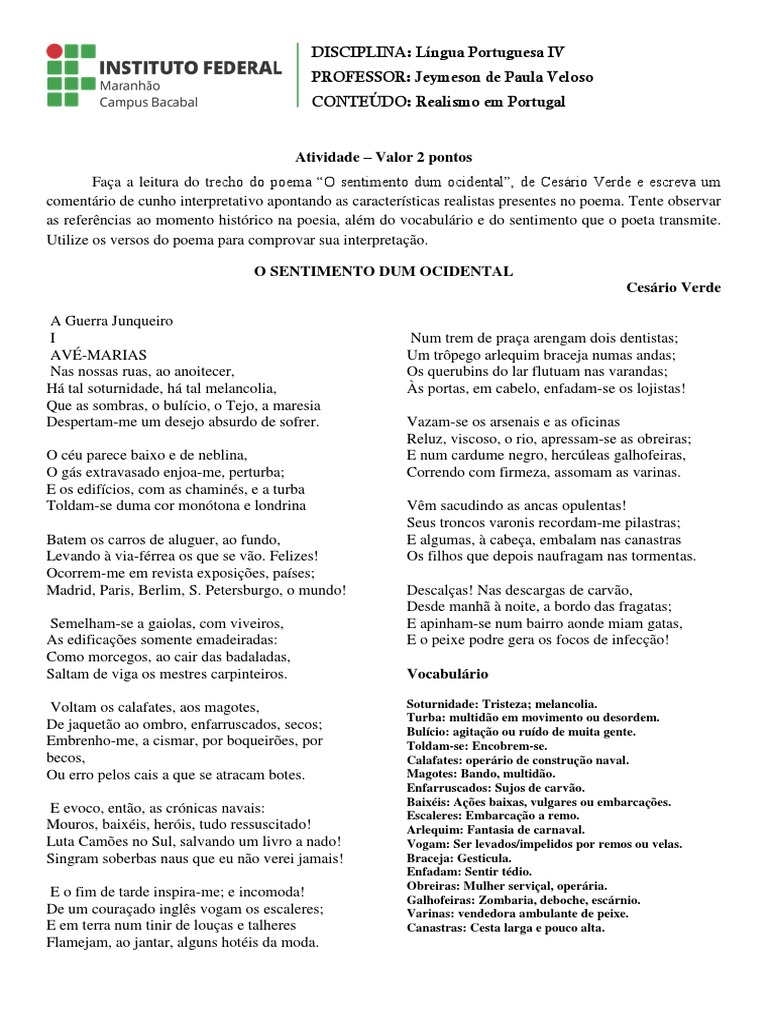 Realismo em Portugal no poema 'O sentimento dum ocidental' de Cesário ...