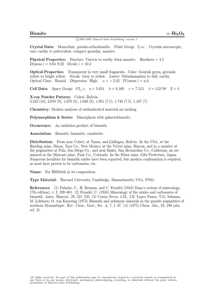 Bismite O: Crystal Data | PDF | Minerals | Chemical Compounds