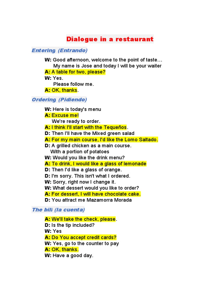 Restaurant Dialogue Example | PDF