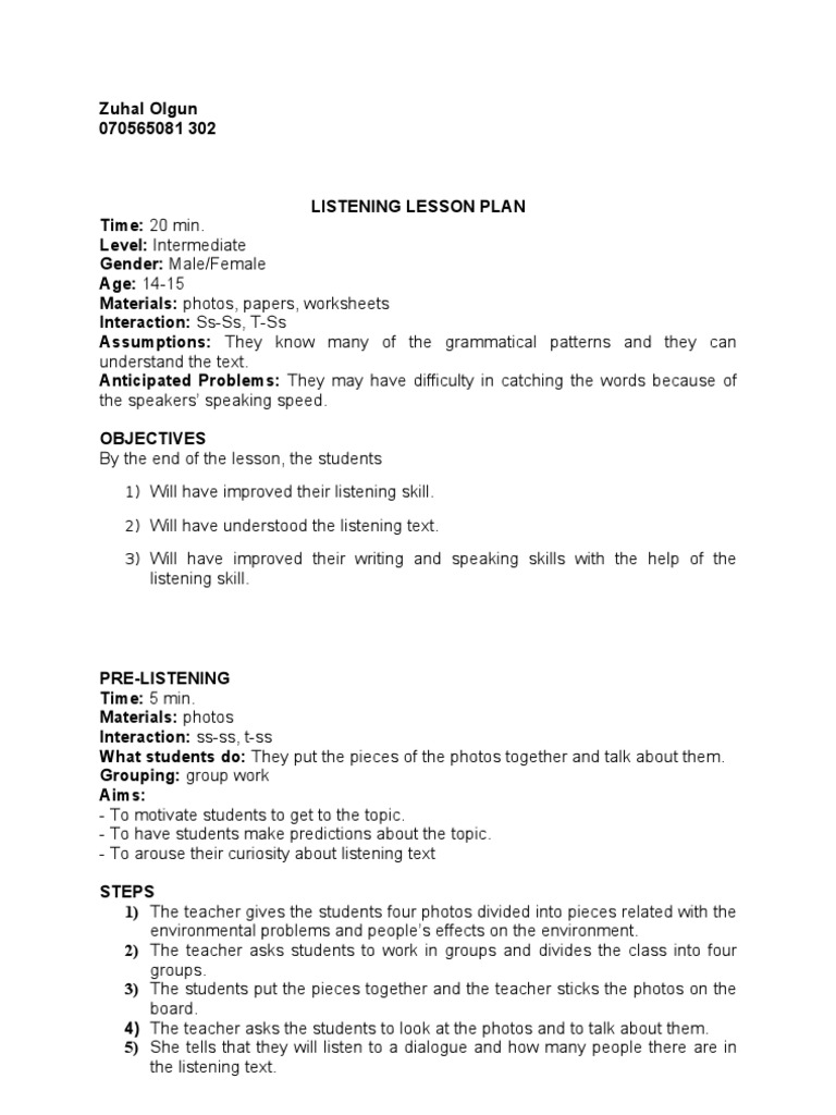 Listening Lesson Plan After Presentation | PDF | Homework | Lesson Plan