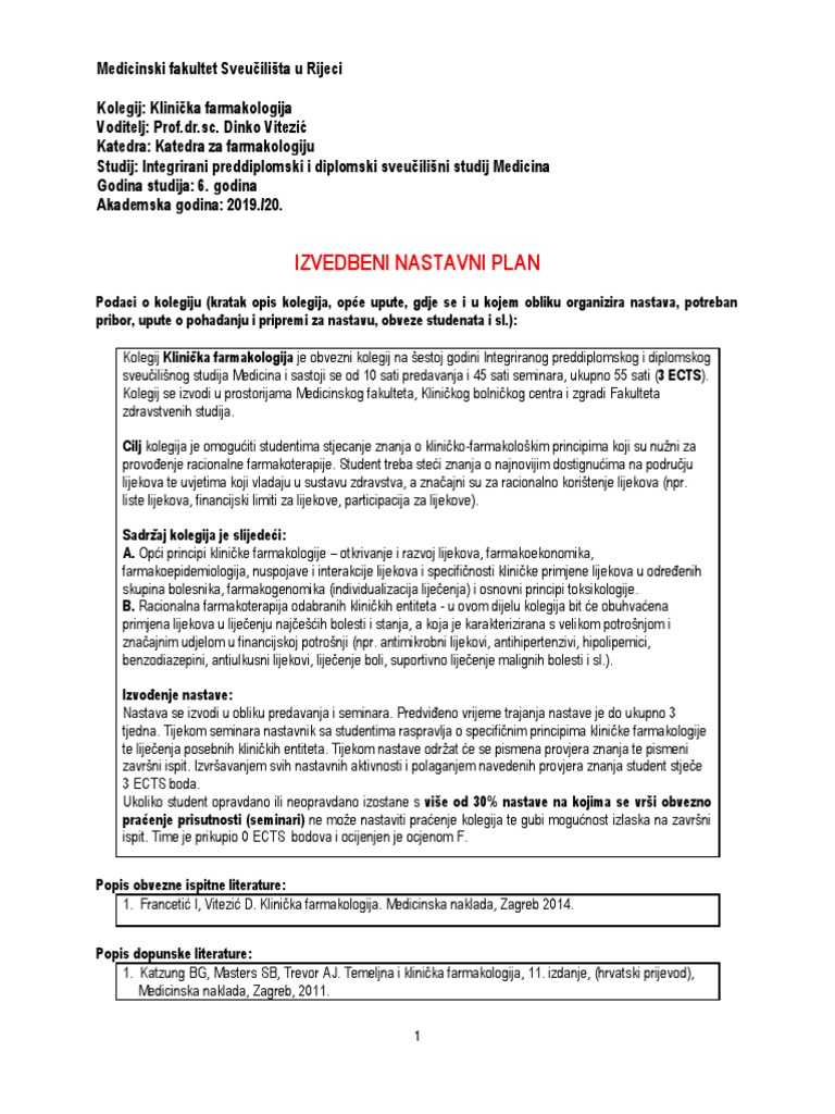 Klinička Farmakologija 2019 2020 M6 | PDF