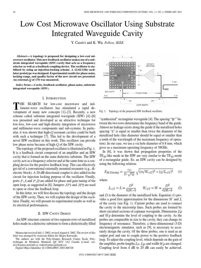 Low Cost Microwave Oscillator Using Substrate Integrated Waveguide ...