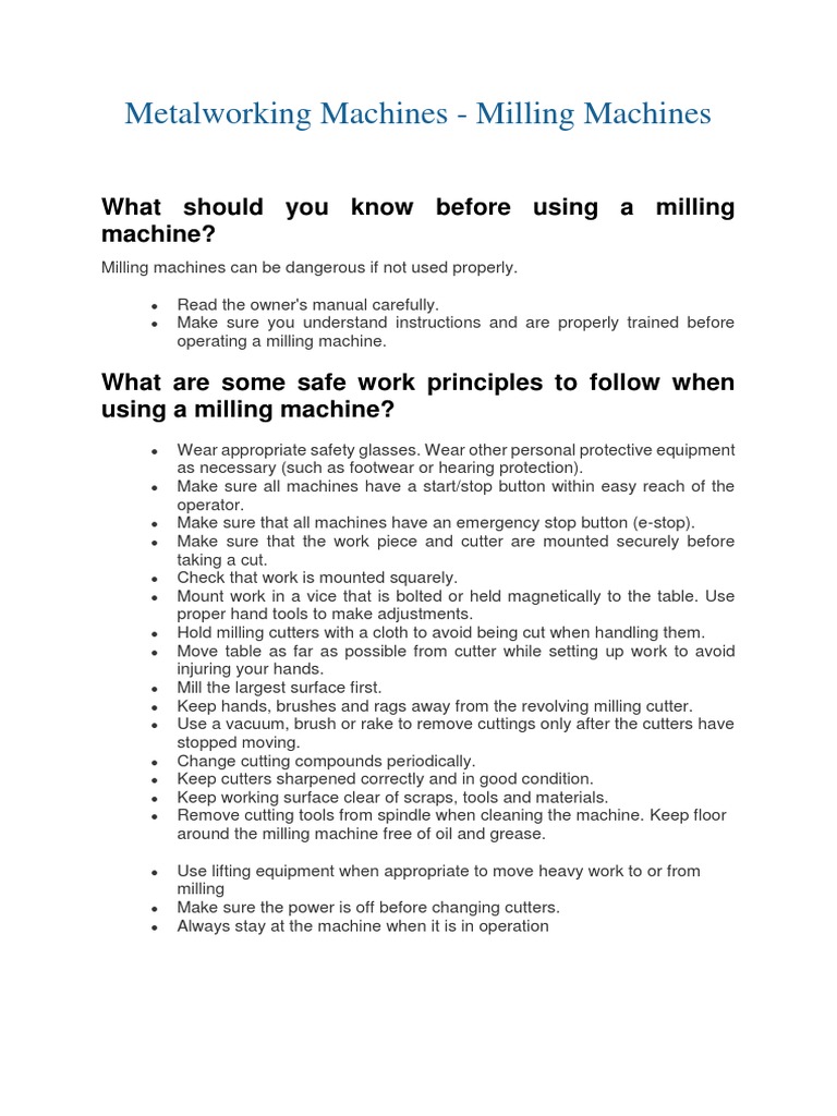 Milling Machine Maintenance, Safety and Operation | PDF | Machines | Crafts