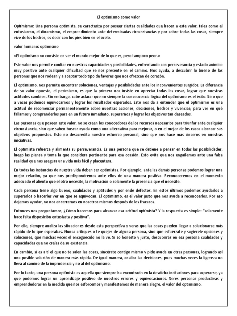 El Optimismo Como Valor | PDF | Optimismo | Vida