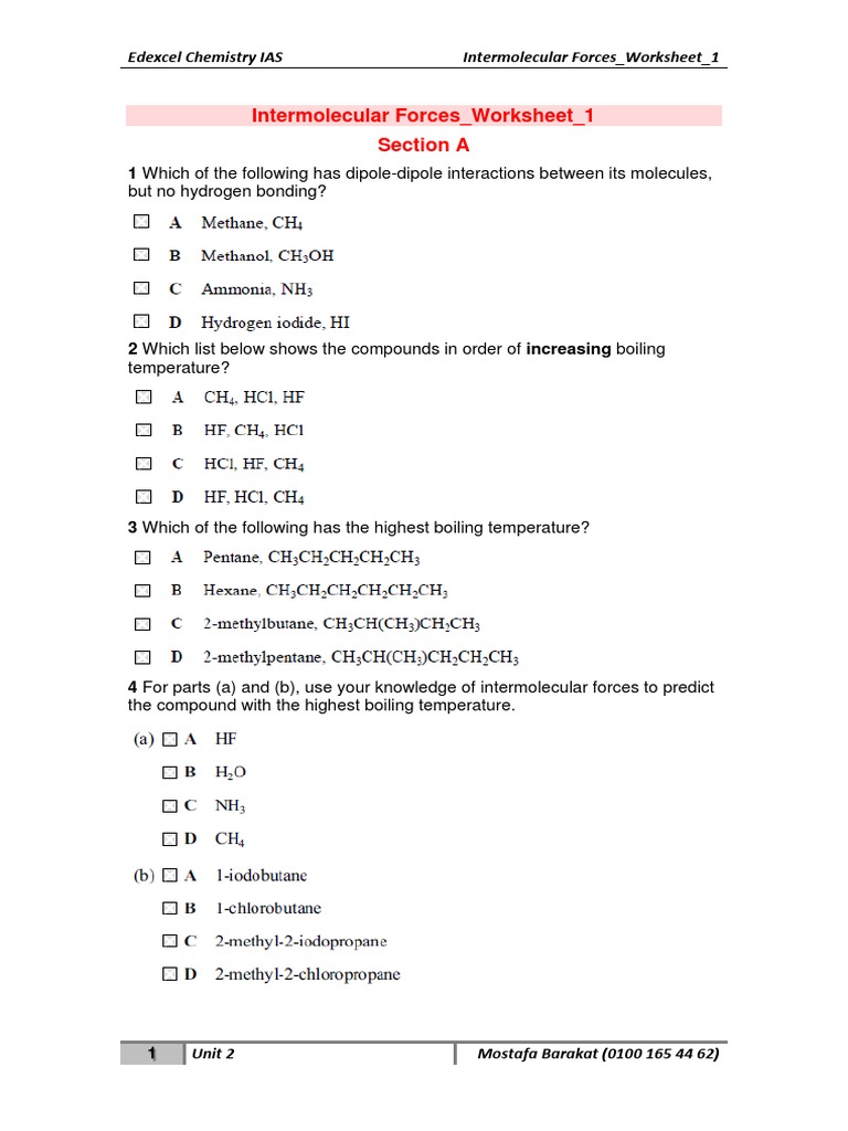 Intermolecular Forces Practice Worksheet | PDF | Intermolecular Force ...