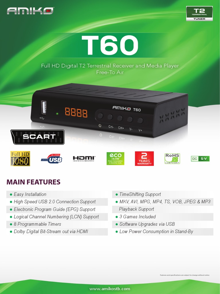Amiko T60: Full HD T2 Receiver | PDF | Television Technology | Media ...